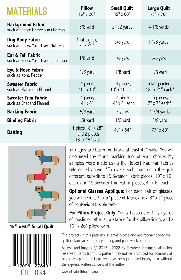 Dogs in Sweaters | Quilt Pattern | Information | Elizabeth Hartman